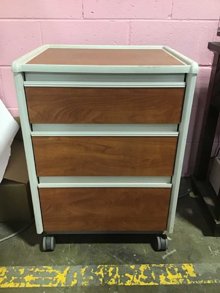 Hospital Side Table / Wood Grain Laminate / Rolling / 3 Drawers