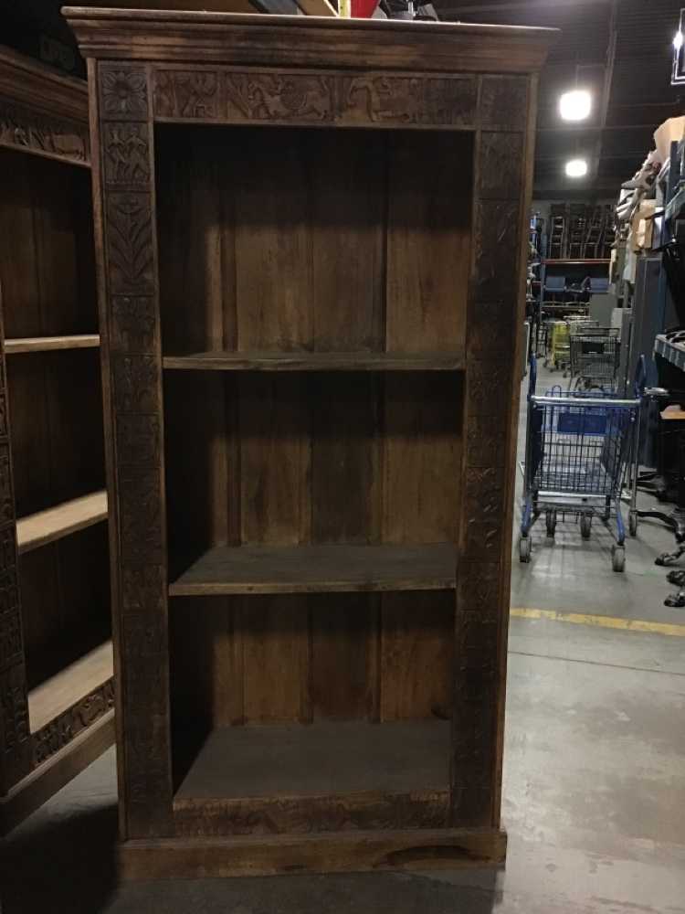 Wooden Bookshelf Ornate Carvings Around Perimeter Of Shelf