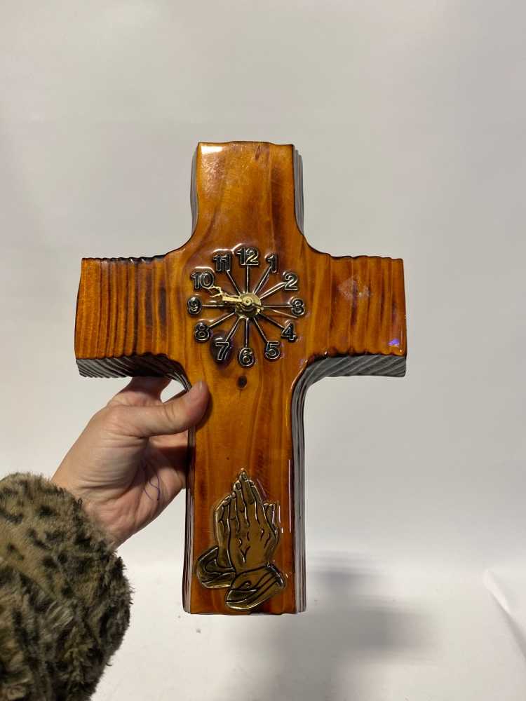 Cross Shaped Clock With Praying Hands